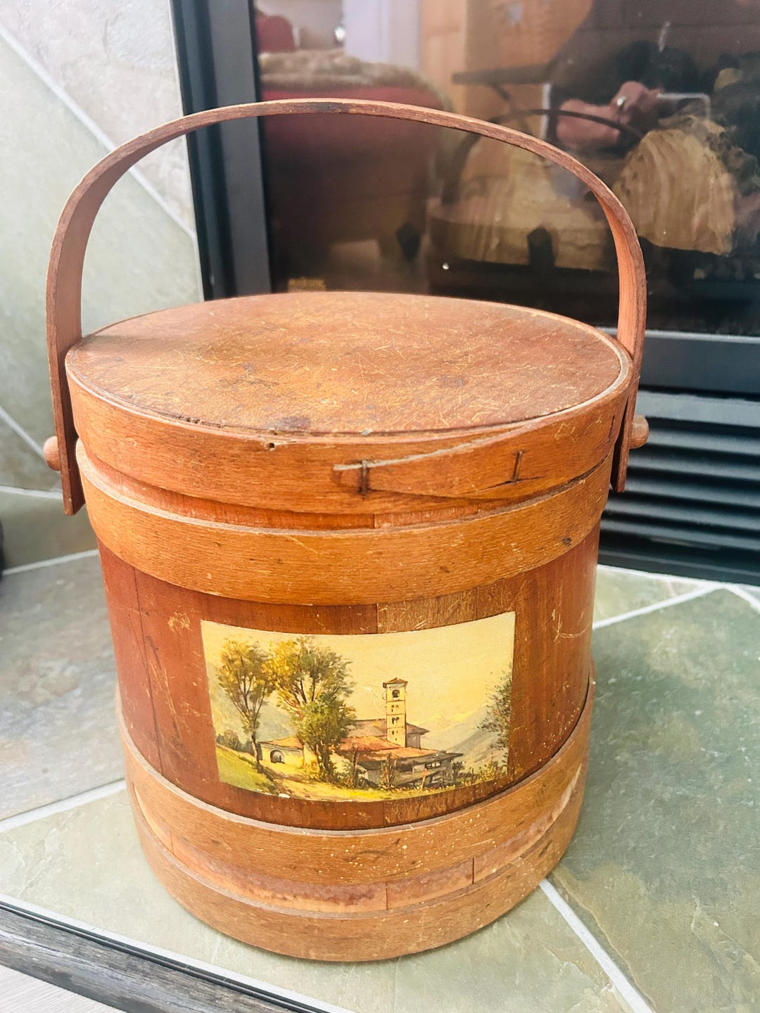 Antique Wooden Firkin With Handle-pantry Box With Painted Countryside ...