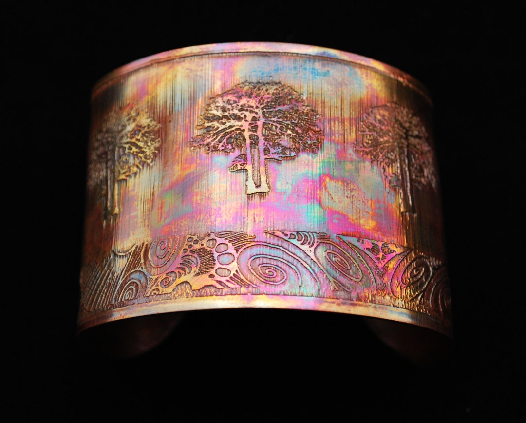 Etched Copper Cuff Bracelet Tree Design Large Forest Cuff in the Woods ...