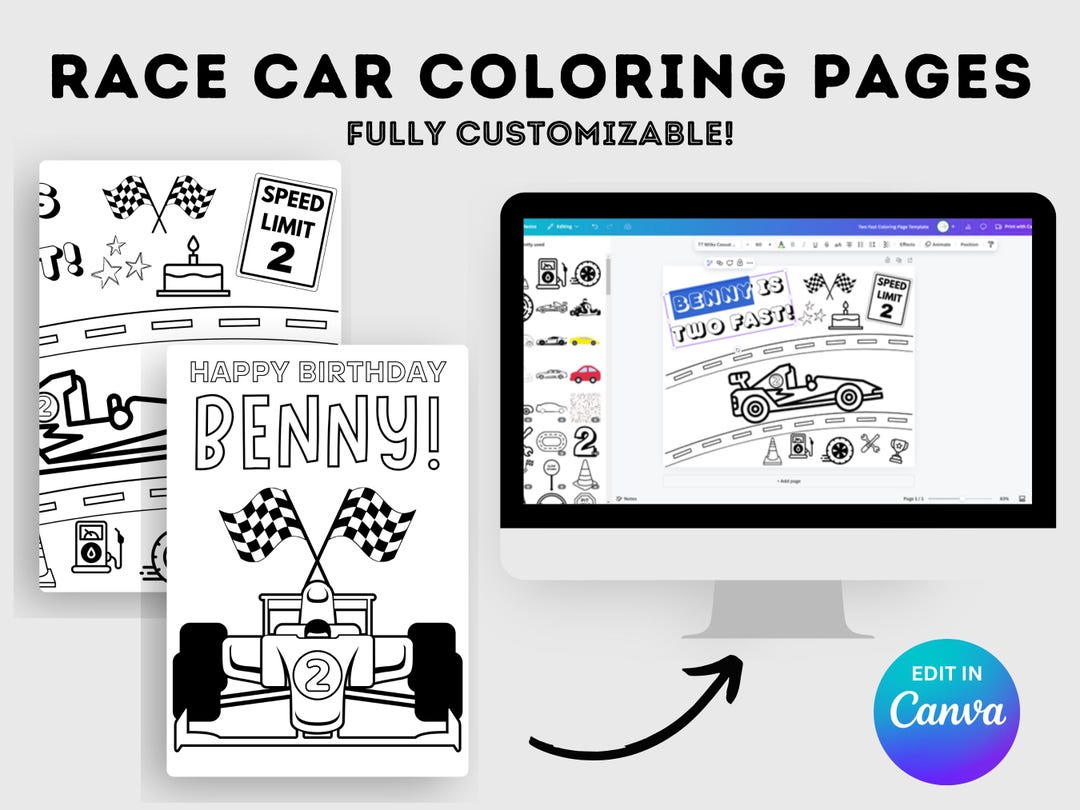 Two Fast Coloring Pages | Race Car Theme | Birthday Party | Fully ...