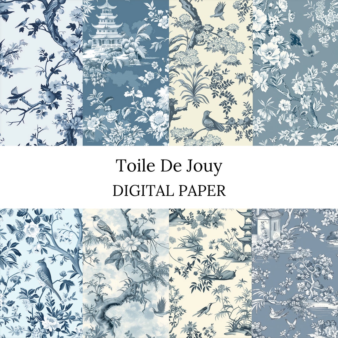Dusty Blue Toile De Jouy Digital Paper Pack Vintage Floral Seamless ...