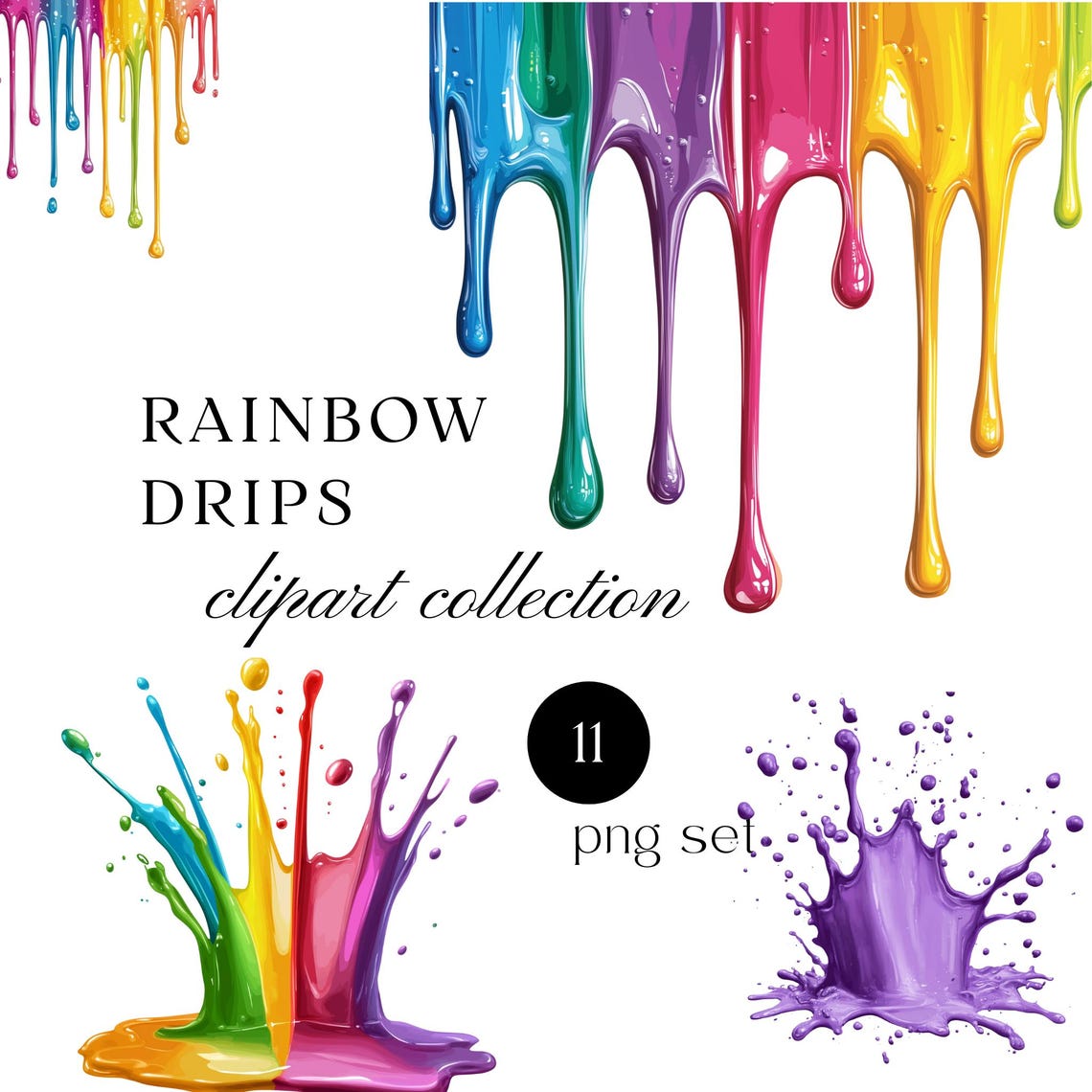 Rainbow Watercolor Drips Clipart: Colorful PNG Border (digital Download ...