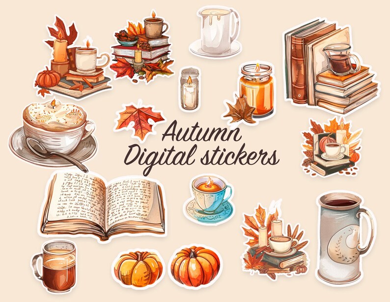 Digital Sticker Cozy Autumn Bundle PNG, Books and Coffee PNG, Hello ...