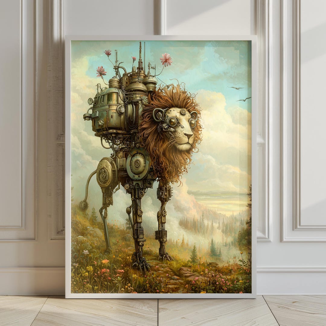 Cybernetic Lion Portrait – Futuristic Metallic Beast Wall Art, Sci-fi ...