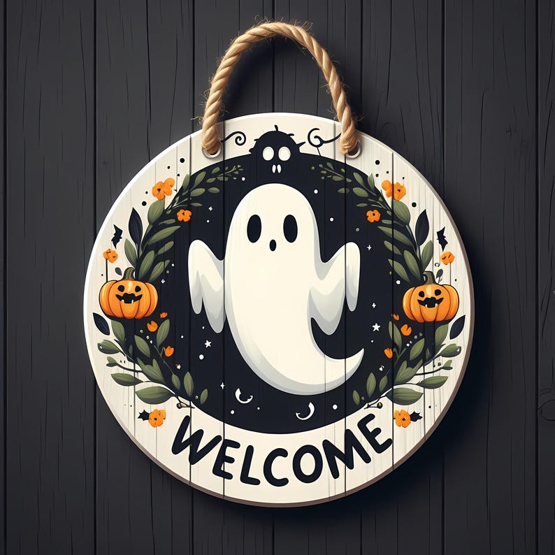 Spooky Ghost Welcome Sign Halloween Door Hanger PNG Sublimation Design ...