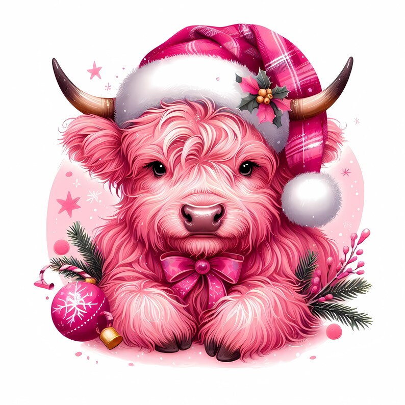 Pink Christmas Highland Cow Clipart | Hand-drawn Farm Animal ...