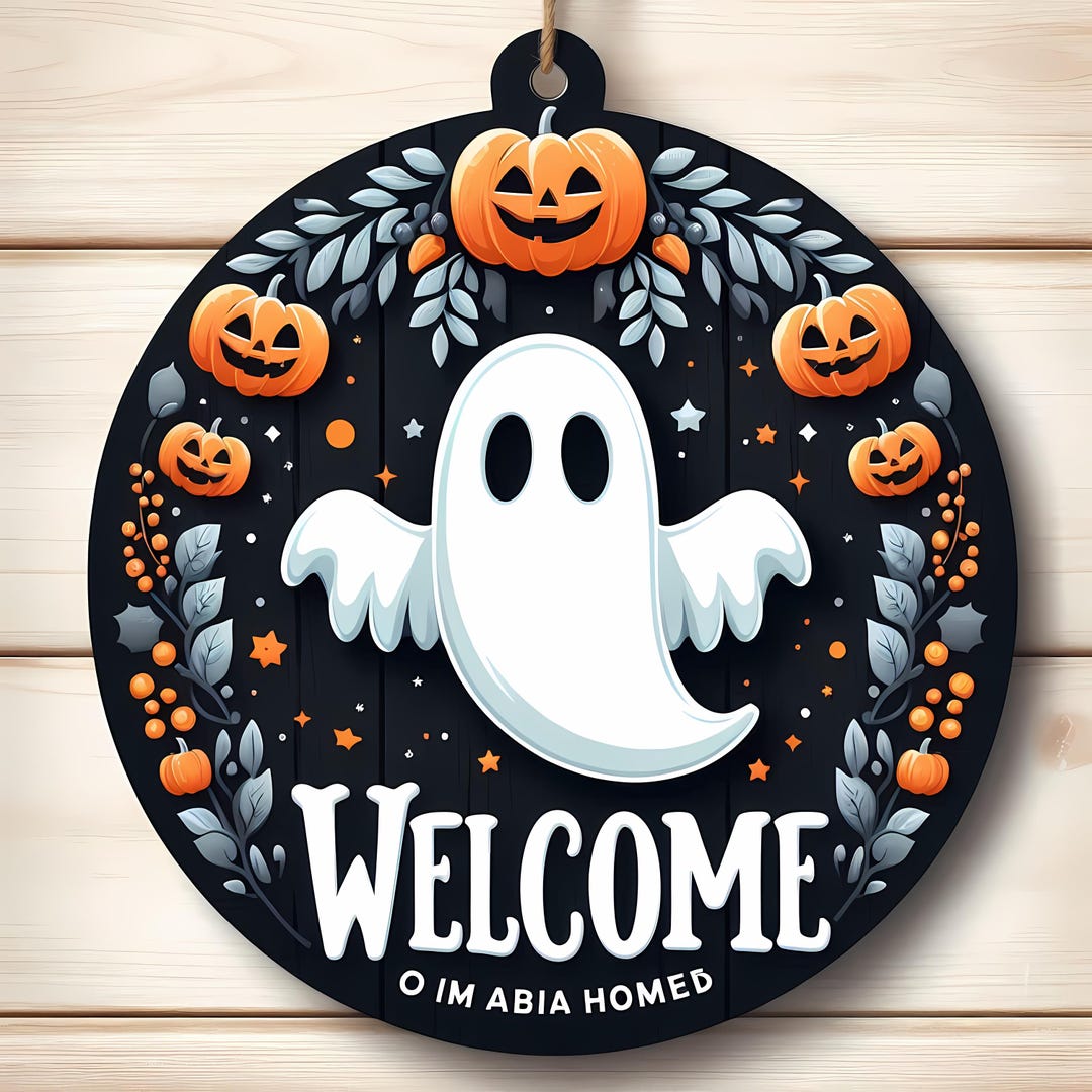 Spooky Ghost Welcome Sign Halloween Door Hanger PNG Sublimation Design ...
