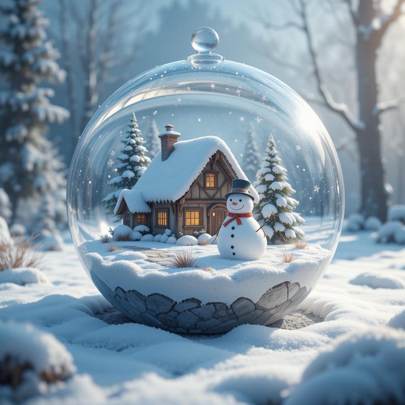 Winter Wonderland Digital Art - Snowman and Cottage Anime Glass Sphere ...