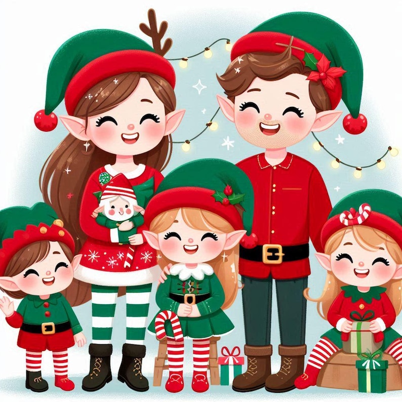 Enchanted Elf Family Christmas Clipart – Merry Holiday Illustrations ...