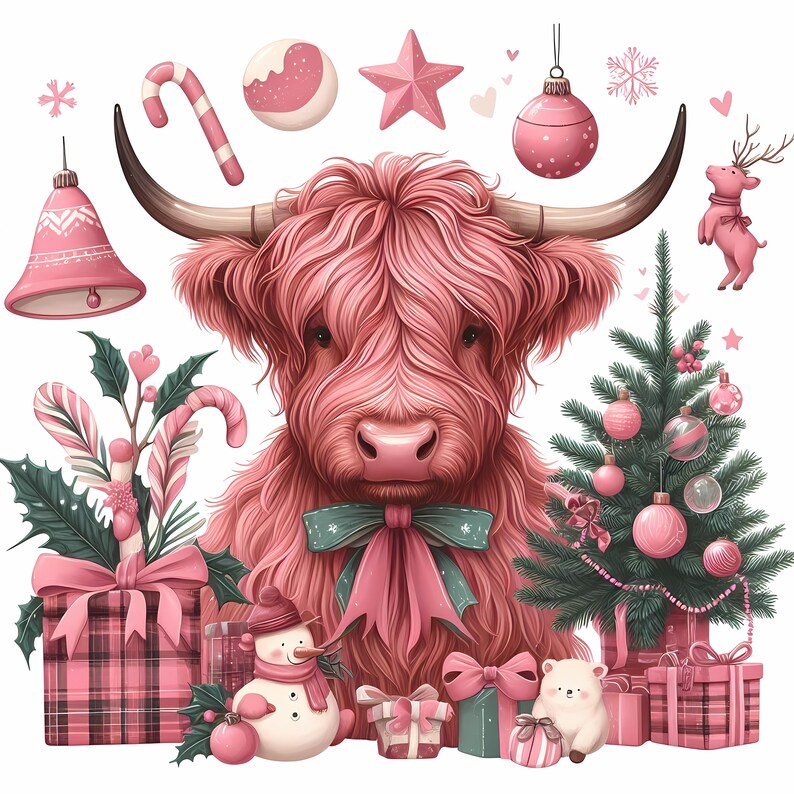 Pink Christmas Highland Cow Clipart | Hand-drawn Farm Animal ...