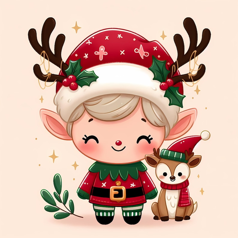 Whimsical Christmas Elf Reindeer Clipart PNG - Hand-drawn Digital Art ...