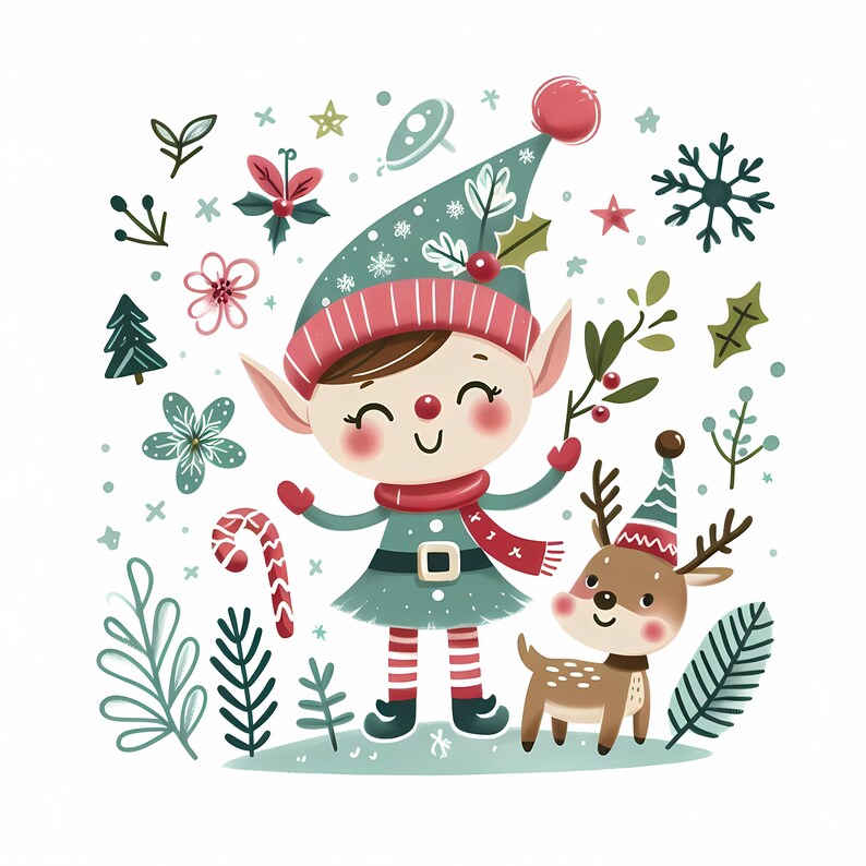 Whimsical Christmas Elf Reindeer Clipart PNG - Hand-drawn Digital Art ...