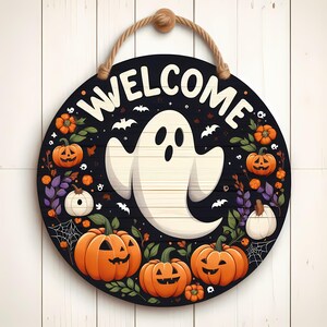 Spooky Ghost Welcome Sign Halloween Door Hanger PNG Sublimation Design ...