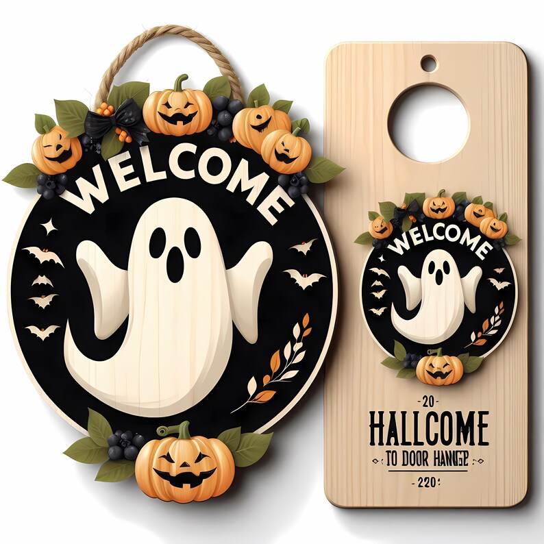 Spooky Ghost Welcome Sign Halloween Door Hanger PNG Sublimation Design ...