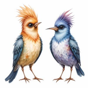 Whimsical Birds Watercolor Clipart - Funny Digital Art Download ...
