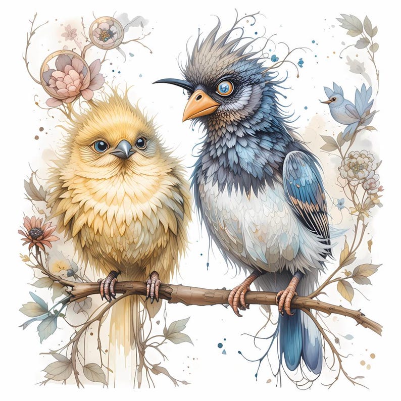 Whimsical Birds Watercolor Clipart - Funny Digital Art Download ...