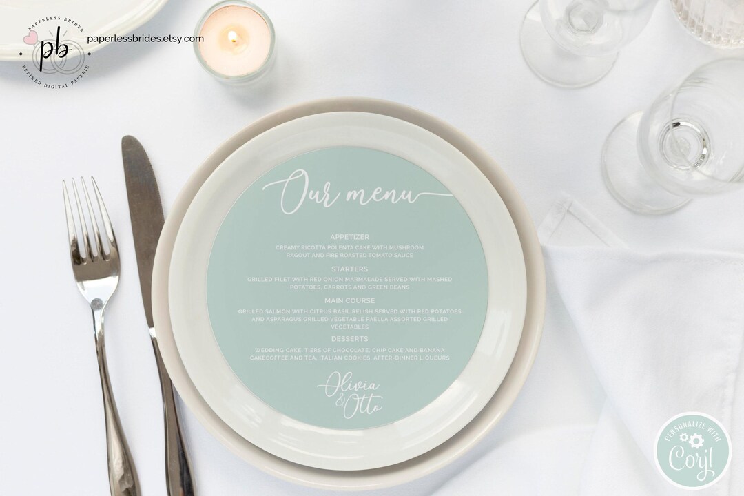 Round Green Menu Template, Printable Menu, Minimalist Wedding Menu ...