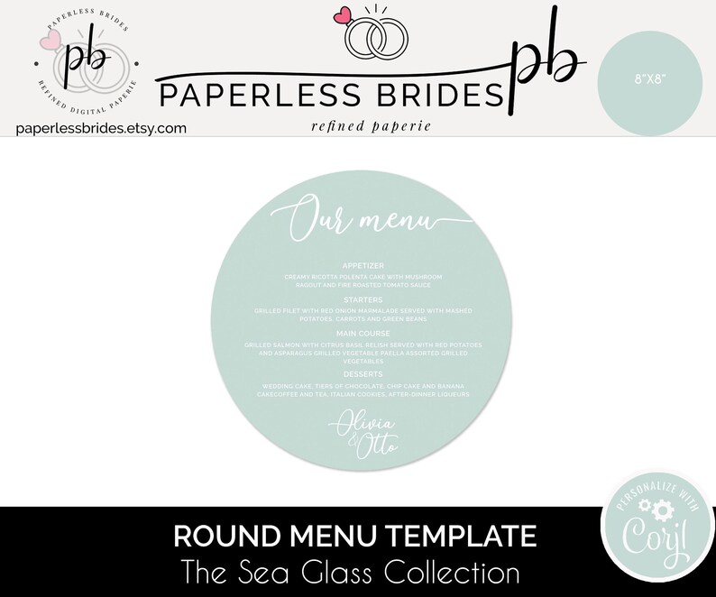 Round Green Menu Template, Printable Menu, Minimalist Wedding Menu ...