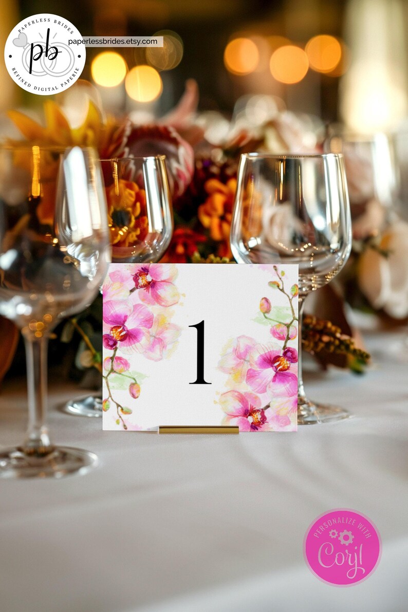 Pink Orchid Wedding Table Number Card: Minimalist Floral Template ...