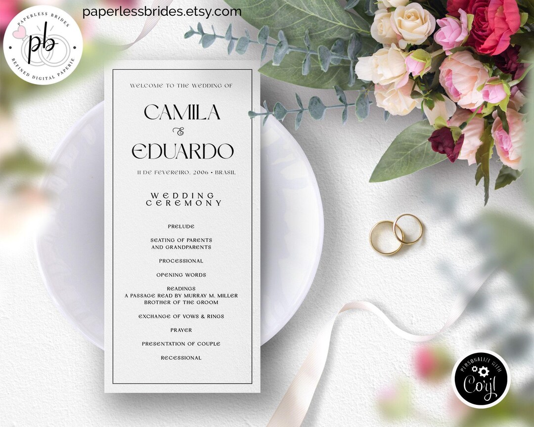 Minimalist Wedding Program Template: Elegant Border Design (digital ...