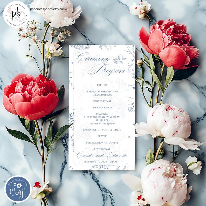 Vintage Program Template, Wedding Ceremony Program, Blue Wedding ...