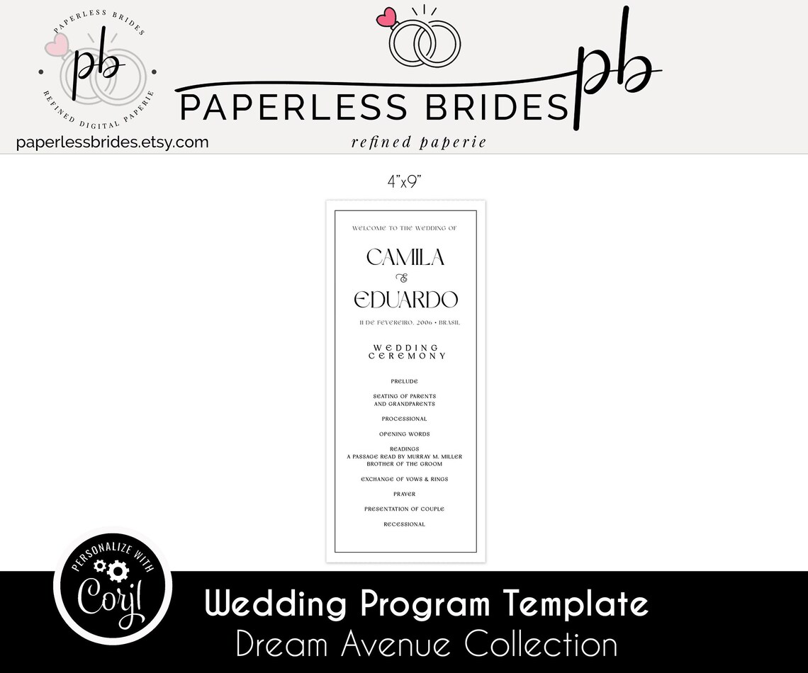 Minimalist Wedding Program Template: Elegant Border Design (digital ...