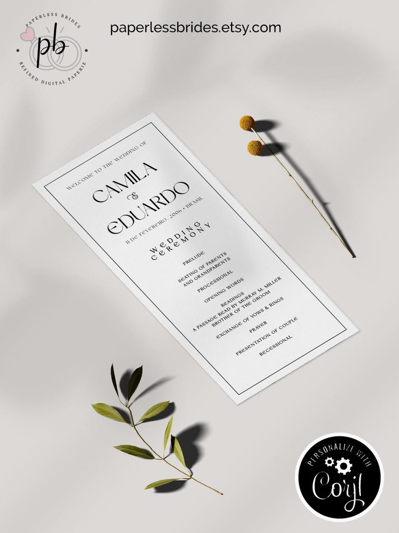 Minimalist Wedding Program Template: Elegant Border Design (digital ...