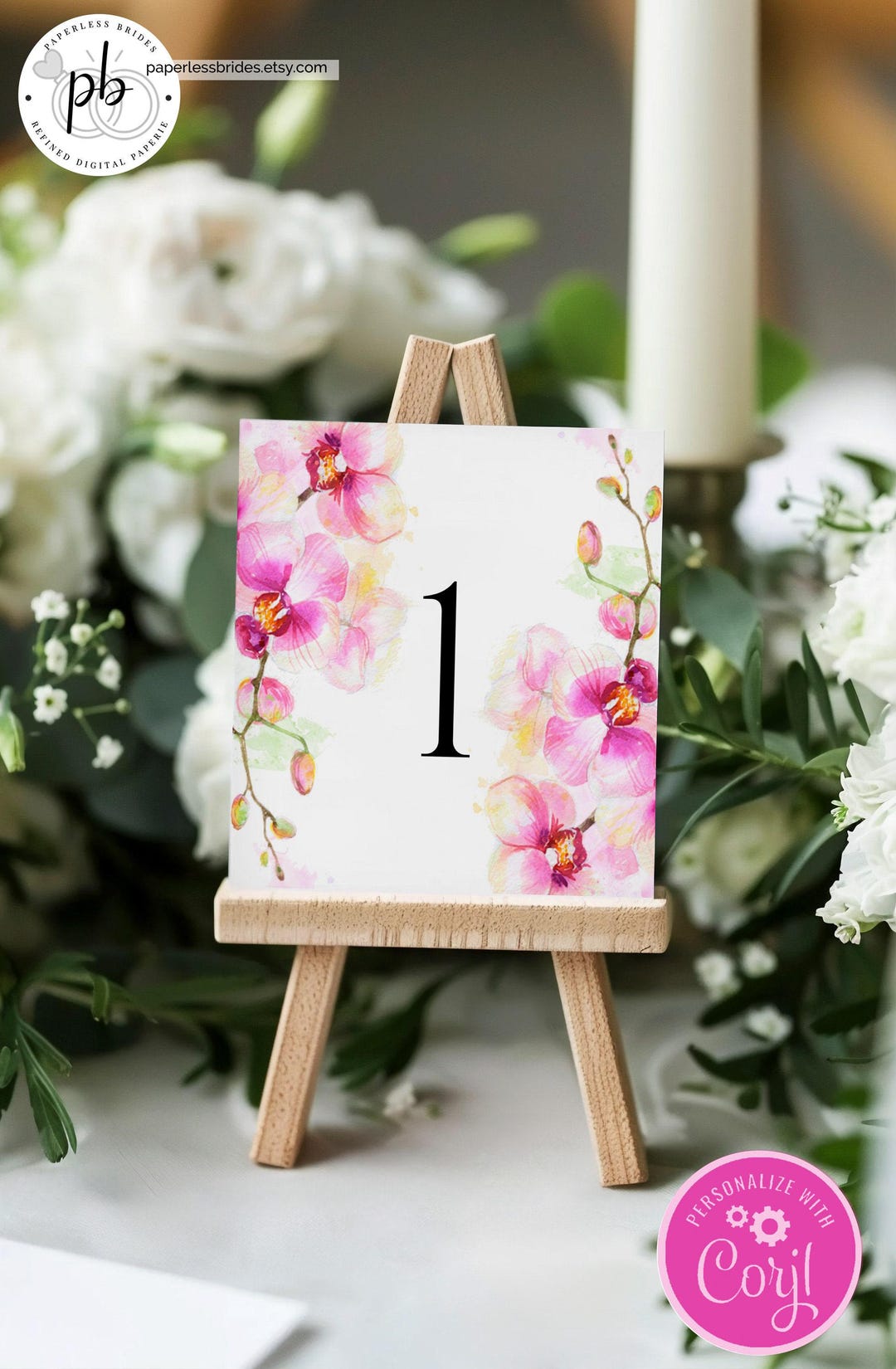 Pink Orchid Wedding Table Number Card: Minimalist Floral Template ...