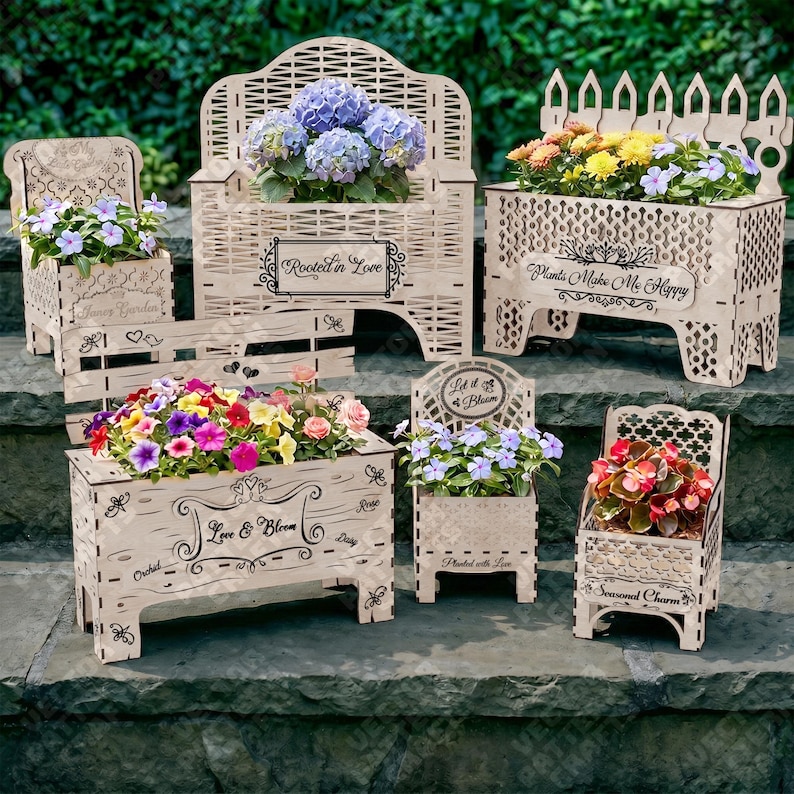 Flower Planter SVG Bundle 6 Laser Cut Chair Bench Plant Stand Designs ...