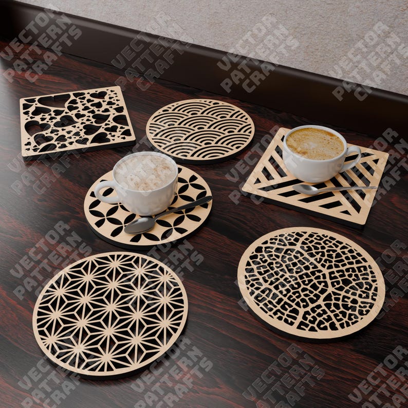 Wooden Round Geometric Coasters Set Laser Cut Svg File Glowforge ...