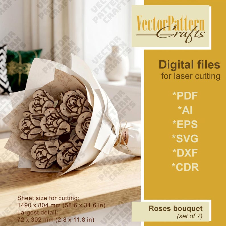 Rose Bouquet SVG Laser Cut 3D Wooden Flower Bunch Standing Floral Home ...
