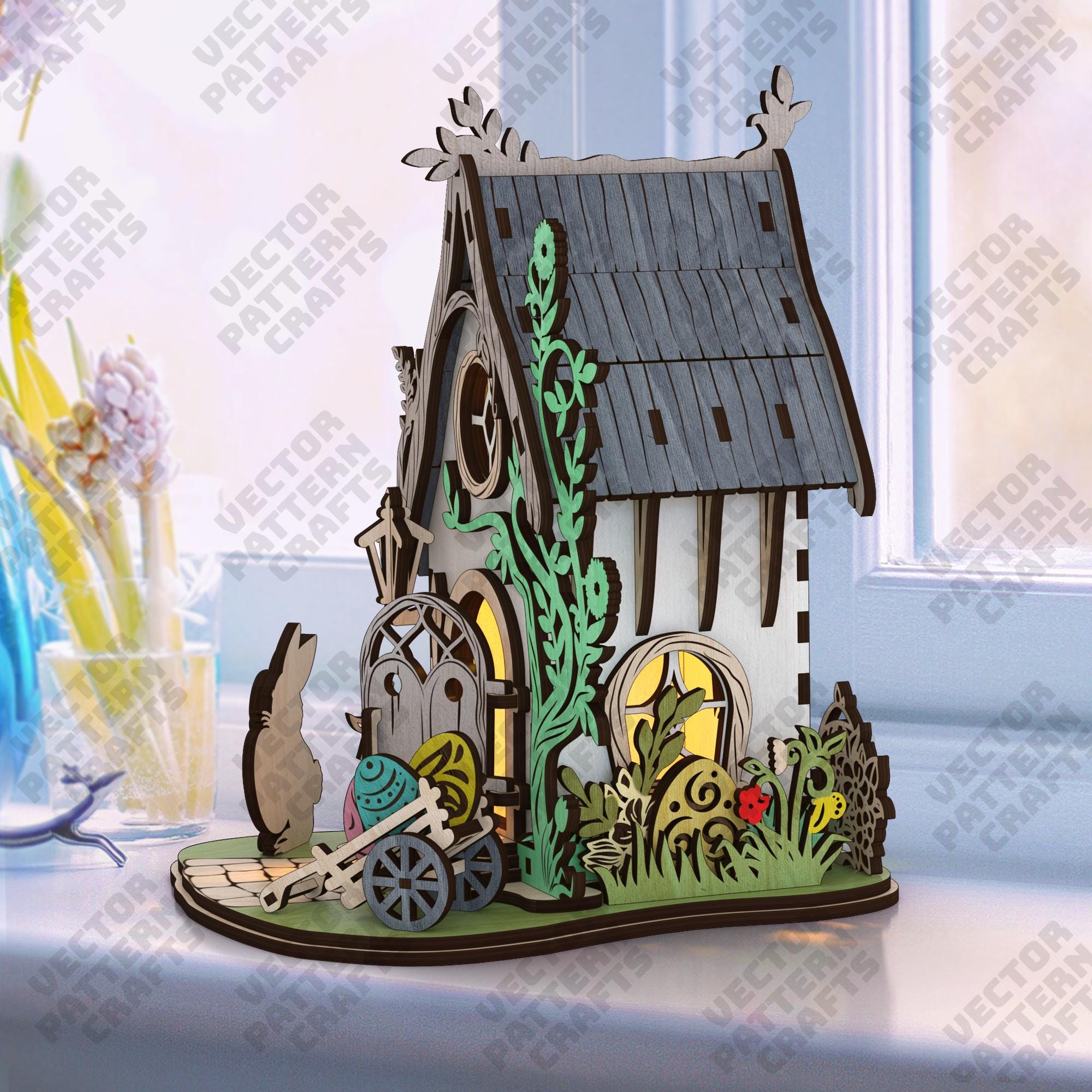 Easter Bunny House Scene Laser Cut File Glowforge 3D Easter House ...