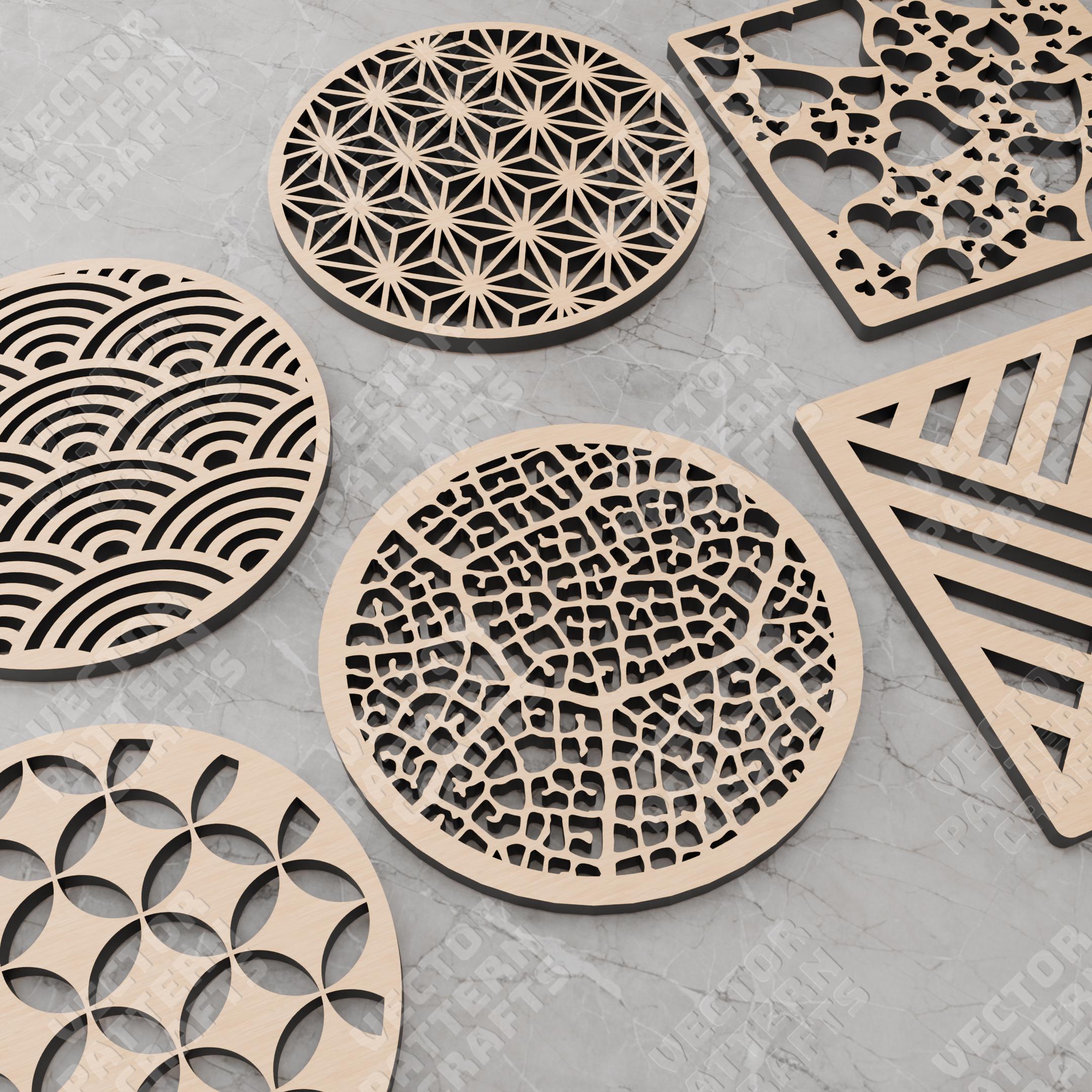Wooden Round Geometric Coasters Set Laser Cut Svg File Glowforge ...