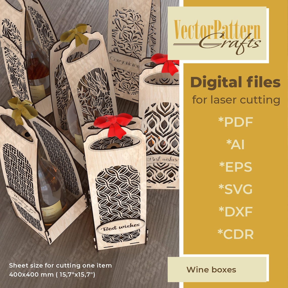 Wooden Bottle Wine Gift Box 6 Set Laser Cut Svg File Glowforge Wooden ...
