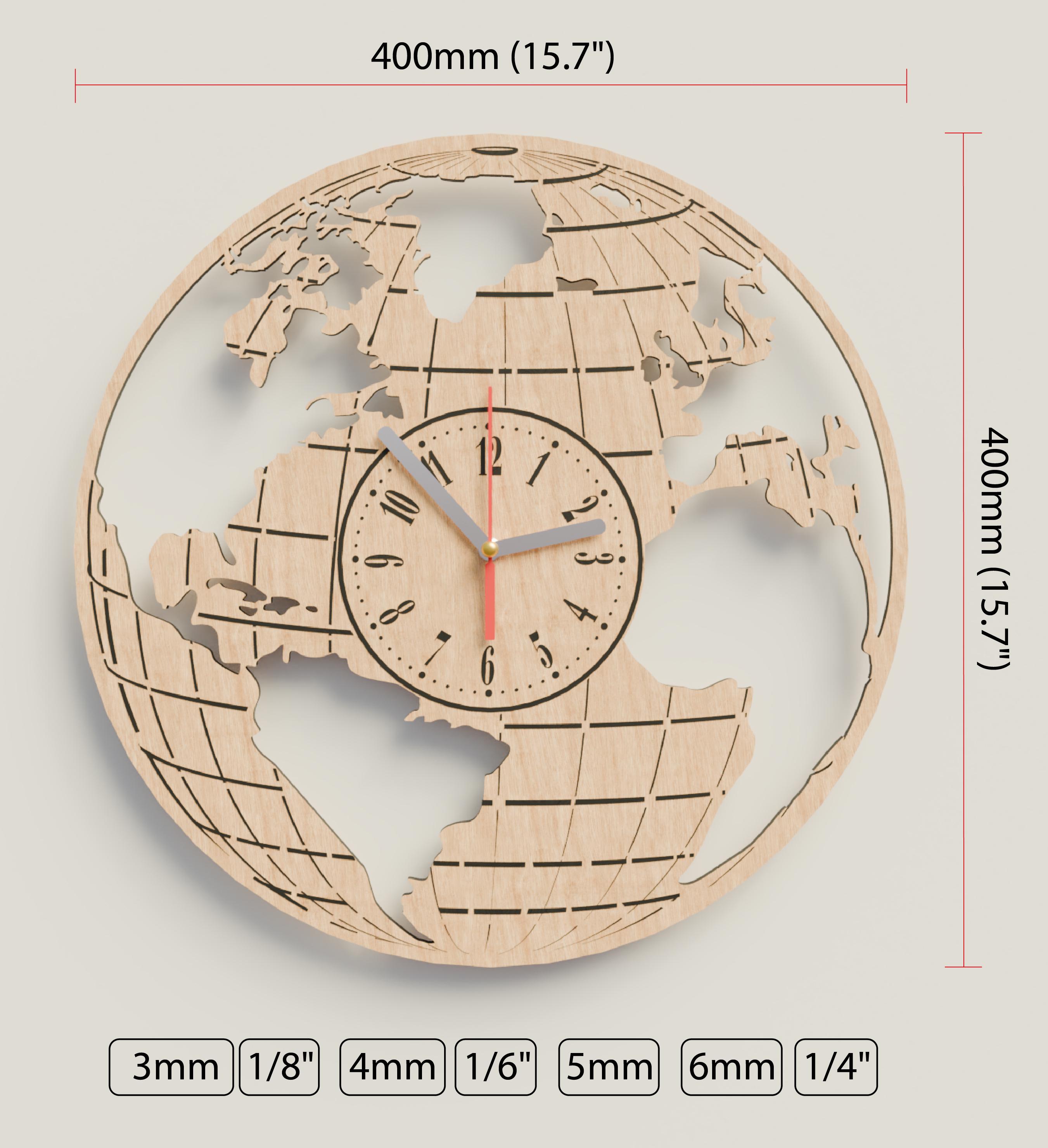 Laser Cut Wooden Wall Clock World Map Svg Template Glowforge Decorative ...