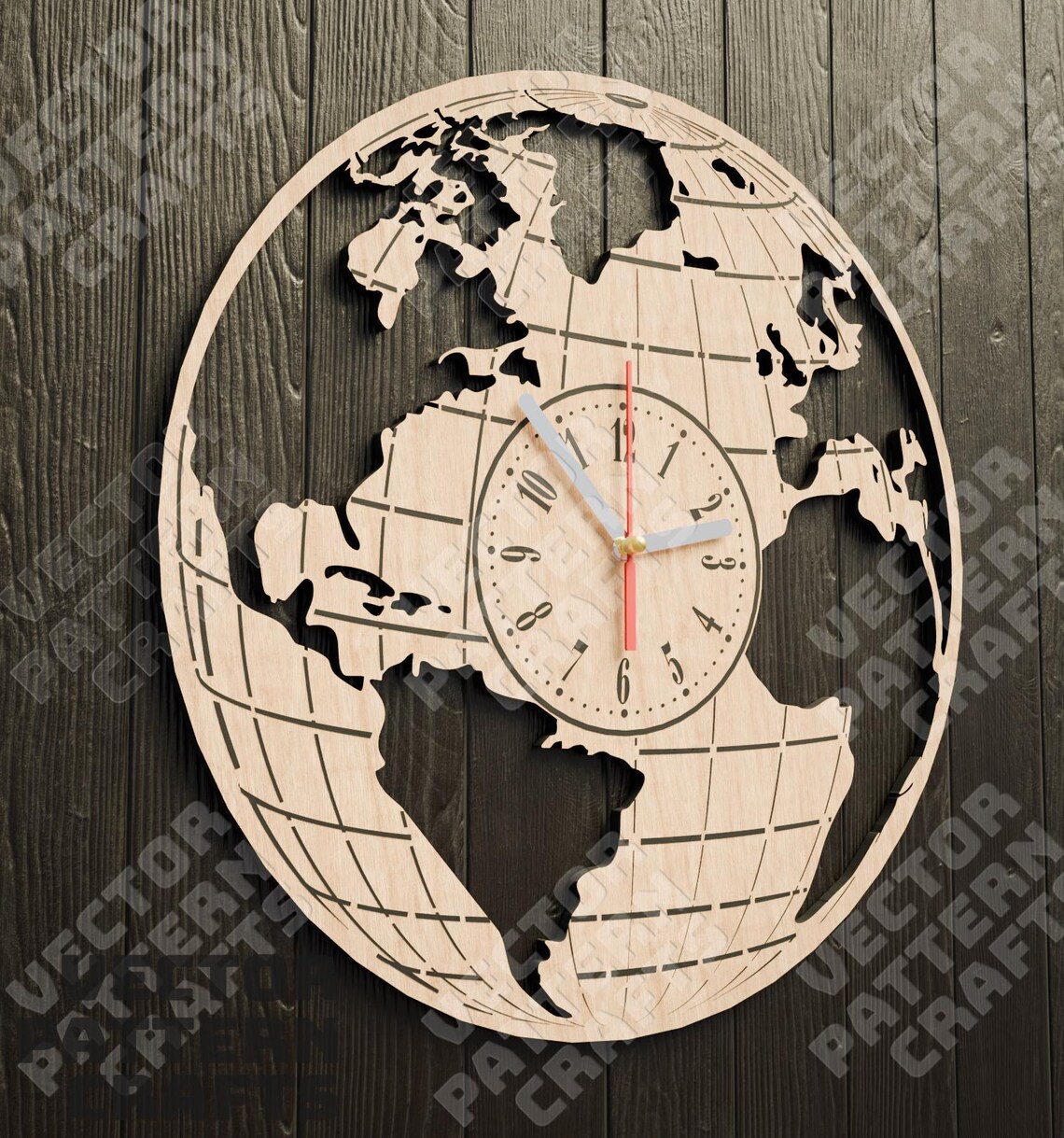Laser Cut Wooden Wall Clock World Map Svg Template Glowforge Decorative ...