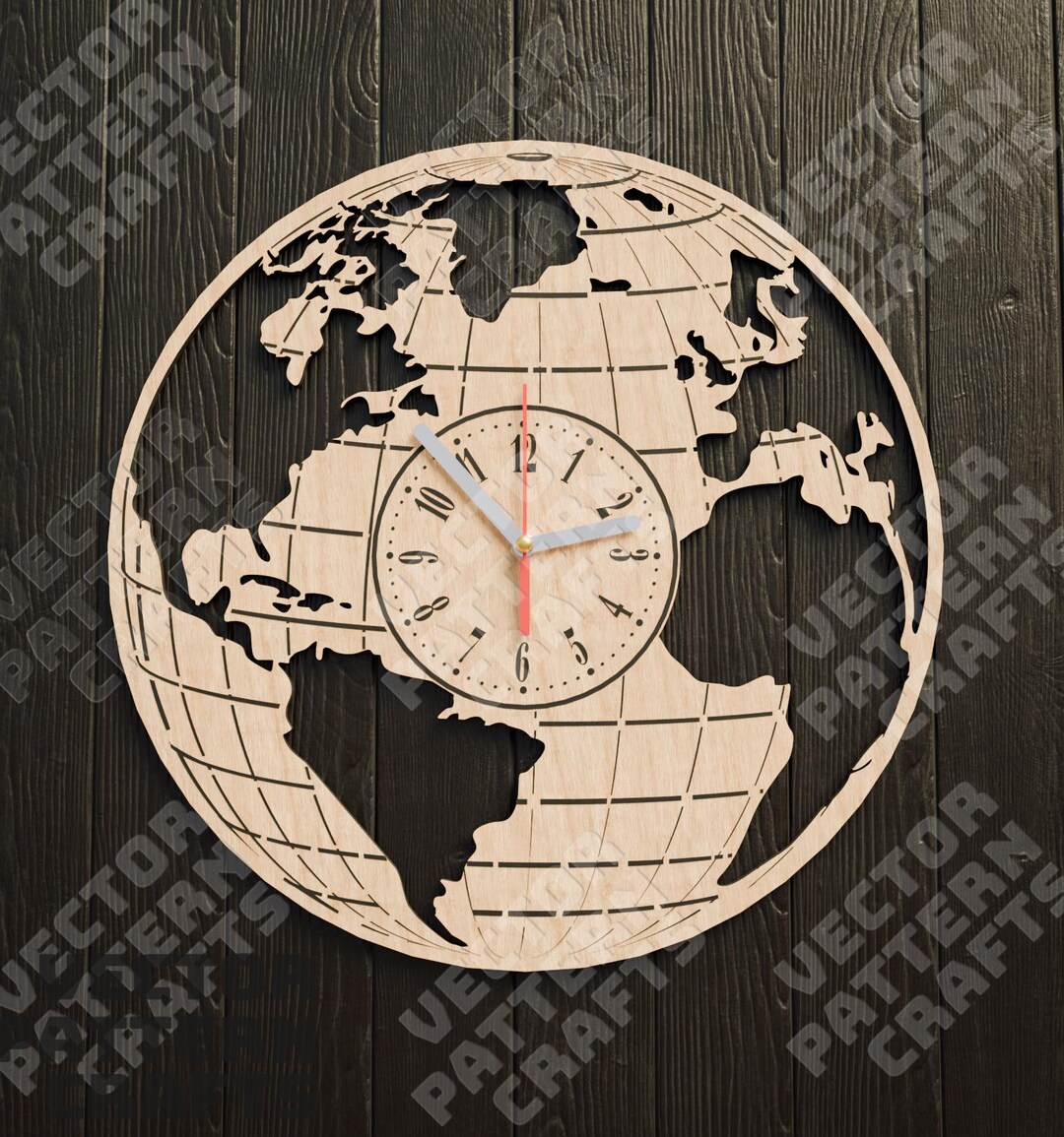 Laser Cut Wooden Wall Clock World Map Svg Template Glowforge Decorative ...