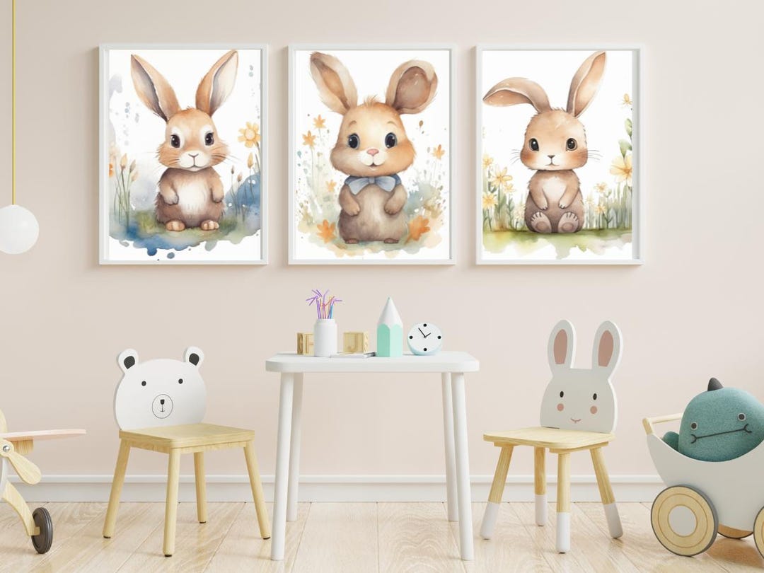Cute Bunny Wall Art Set, Nursery Animal Prints, Woodland Themed Digital ...