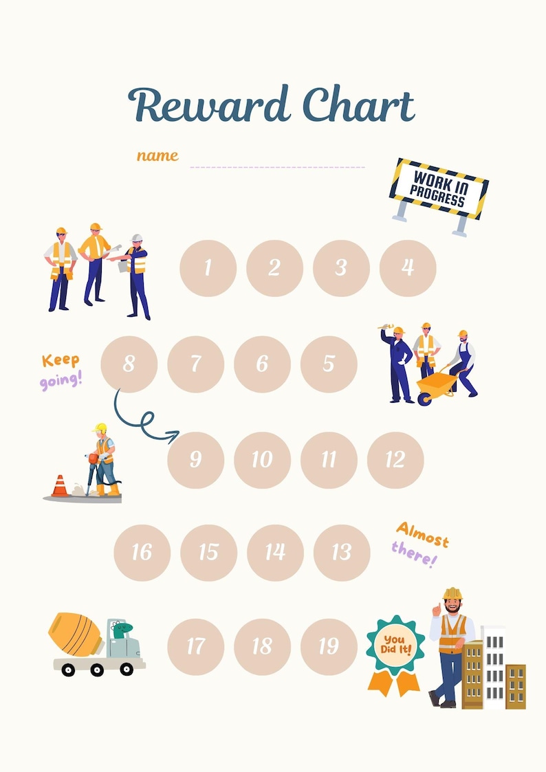 Construction Workers Reward Chart / Toddler Reward Chart / Kids Reward ...
