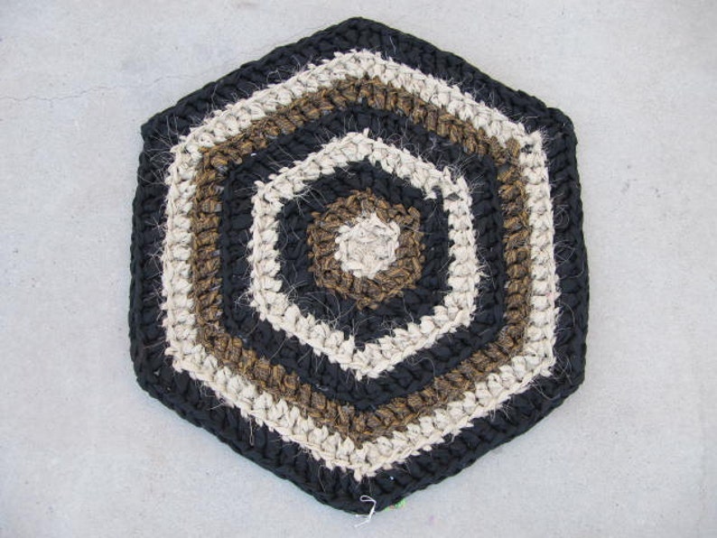Black Brown Crocheted Rag Rug, Hexagon Rug, Rustic Home Decor, Handmade ...
