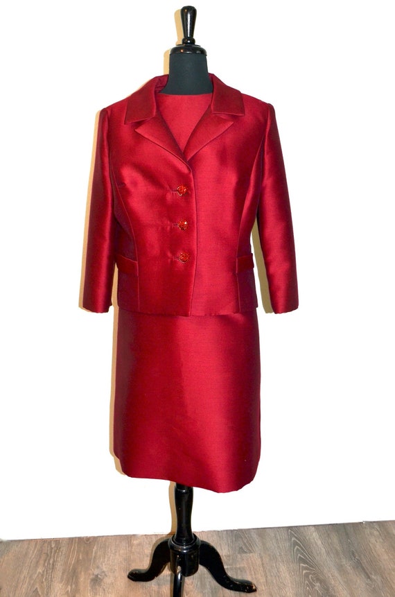 1960s 70s ruby red silk dress and blazer. Rhinestone … - Gem