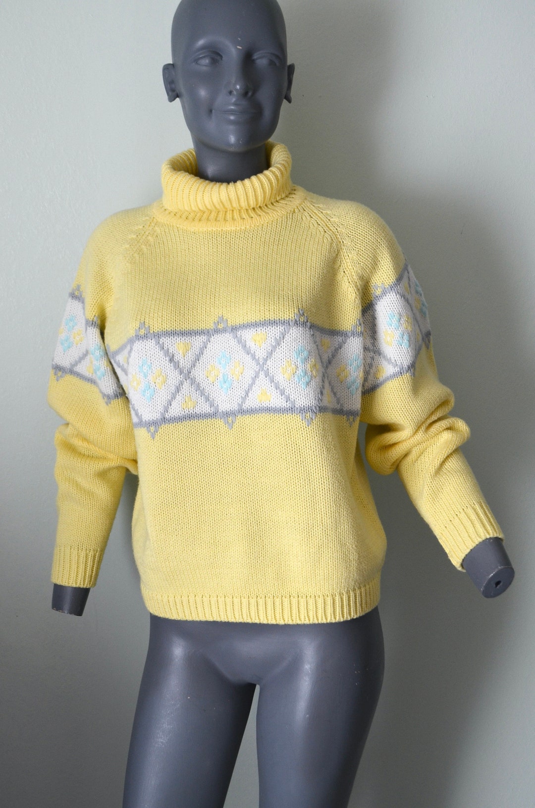 1980s Yellow Argyle With Pastel Blue Turtle Neck Sweater. by One Step ...