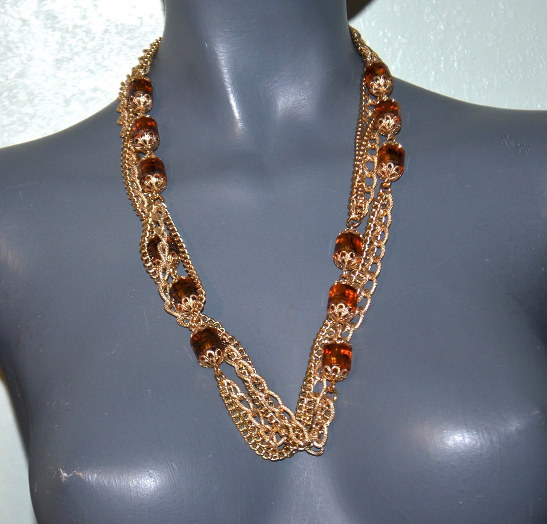 1970s Sarah Cov Multi Strand Golden Lantern Bead Chain Necklace ...