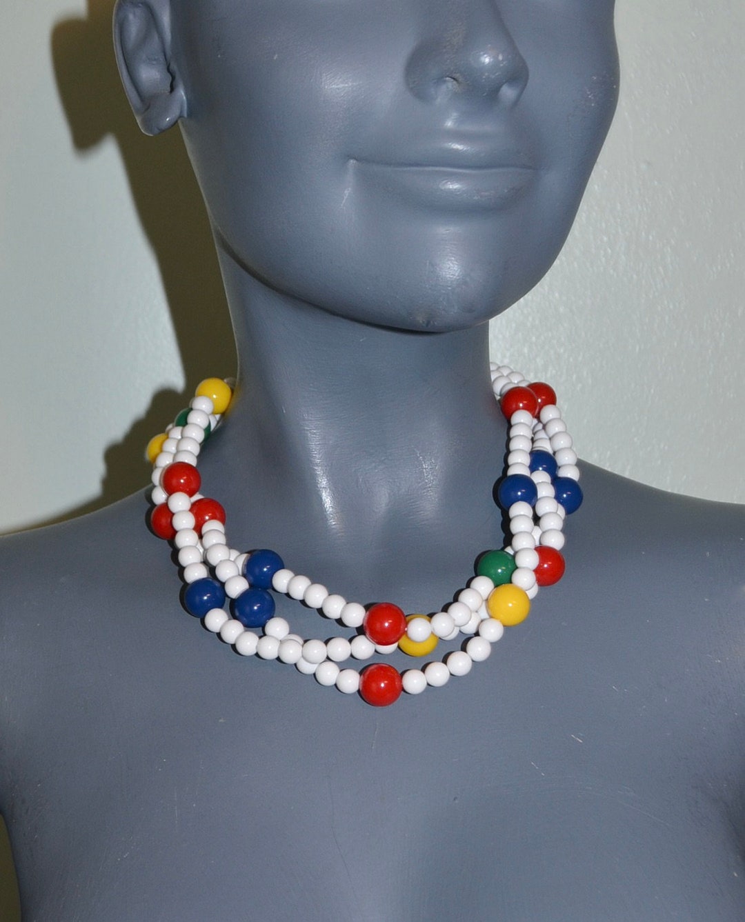 Vintage 80s 90s White Triple Strand Beaded Necklace With Primary Color ...