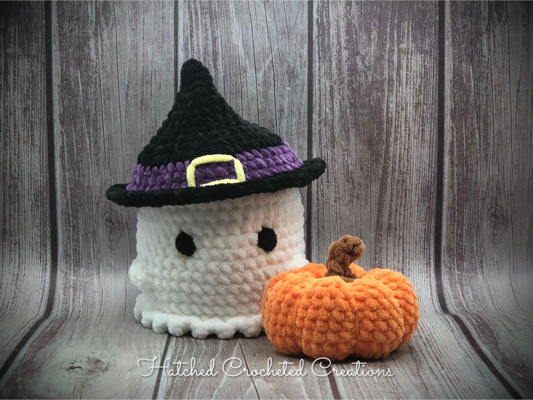 Crocheted Ghost Plushie With Witch Hat & Pumpkin, Spooky Cute Halloween ...