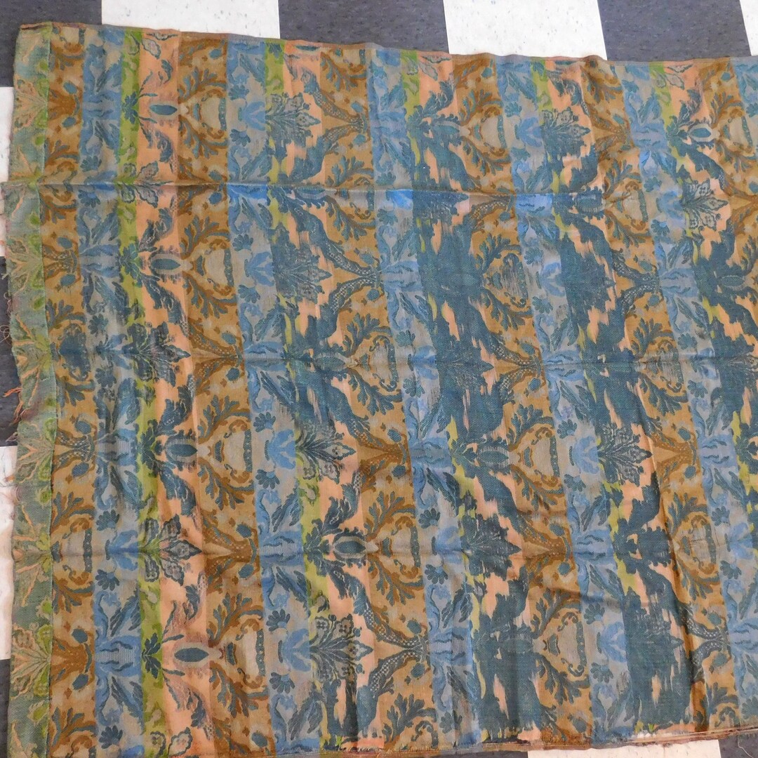 Vintage Reclaimed Upholstery Fabric - Blue, Gold and Green Brocade ...