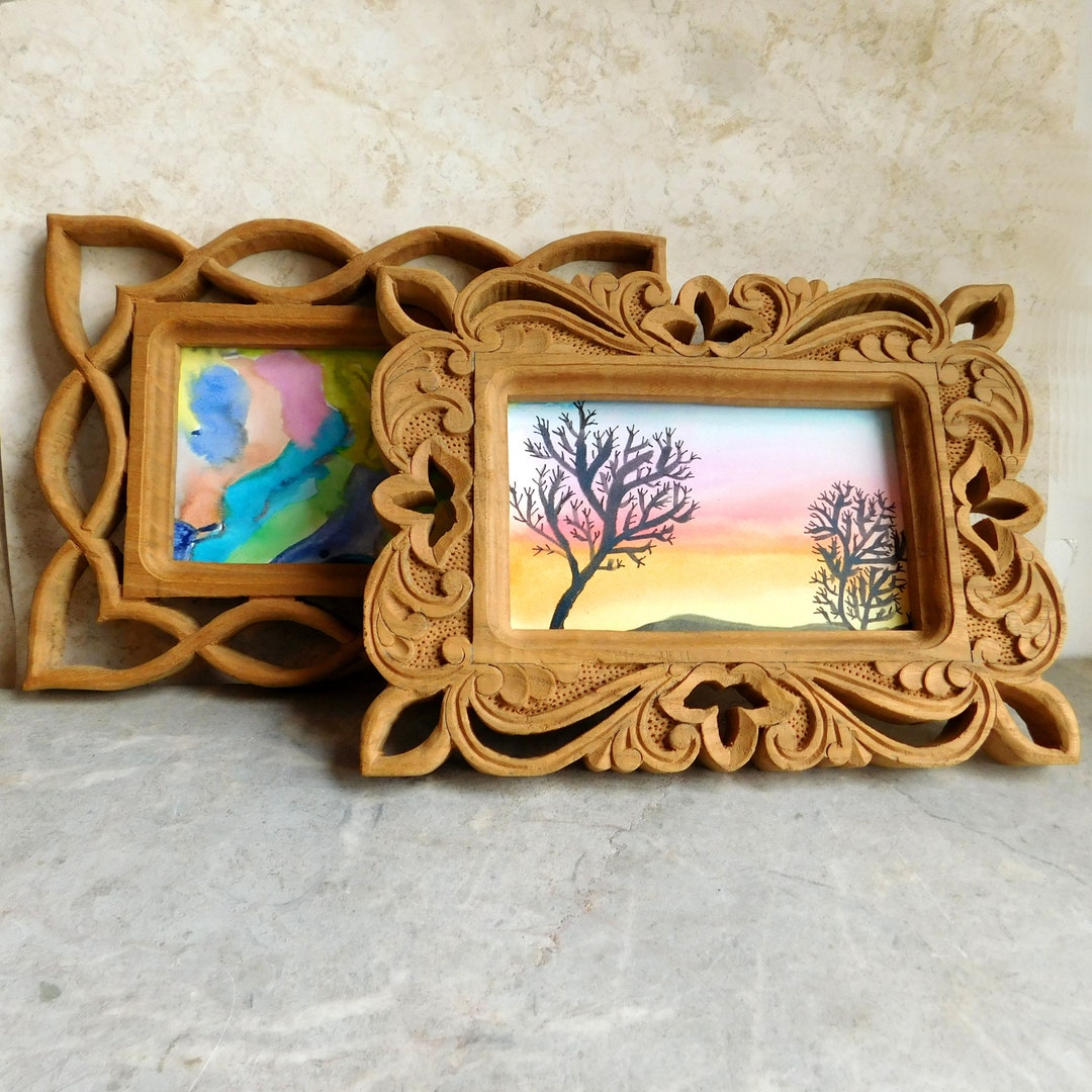 Vintage Pair of Hand-carved Wooden Picture Frames 6-1/4 X 4 Folk Art ...