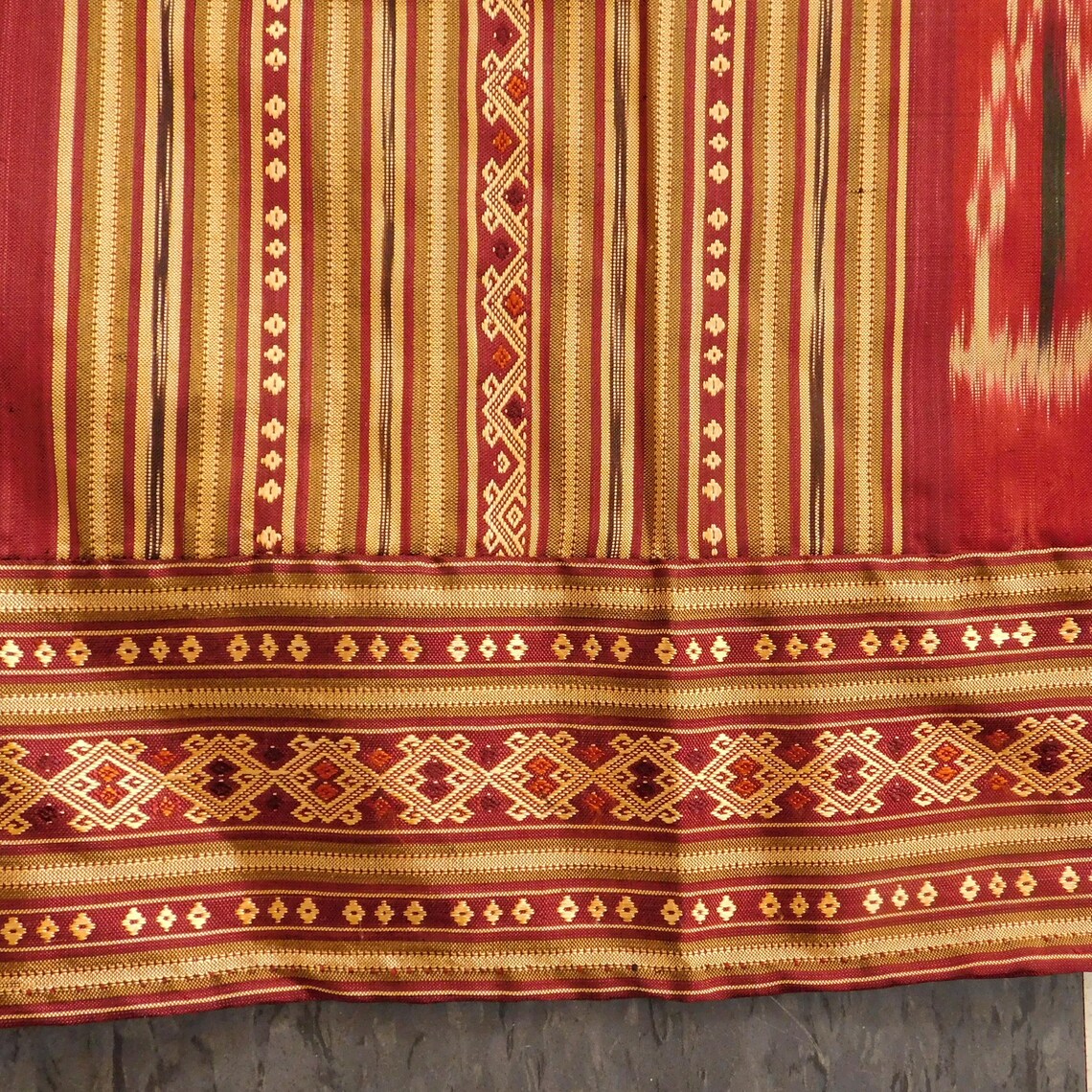 Vintage Ikat Silk Fabric for Tube Skirt "longyi" - Deep Red, Gold ...
