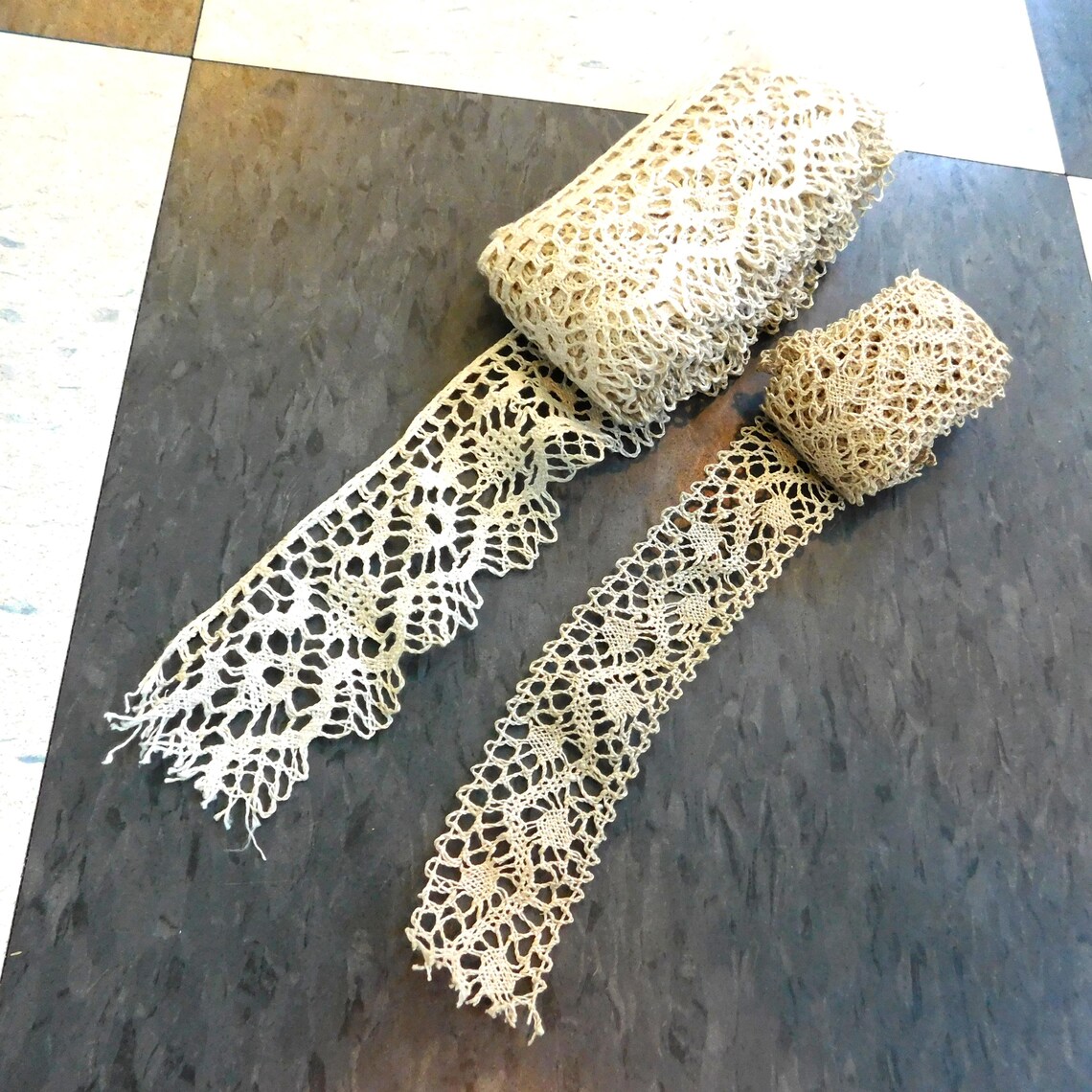 Vintage 2 Lengths of Crochet Lace Trim - Tiny Stitches - Ecru Off-white ...