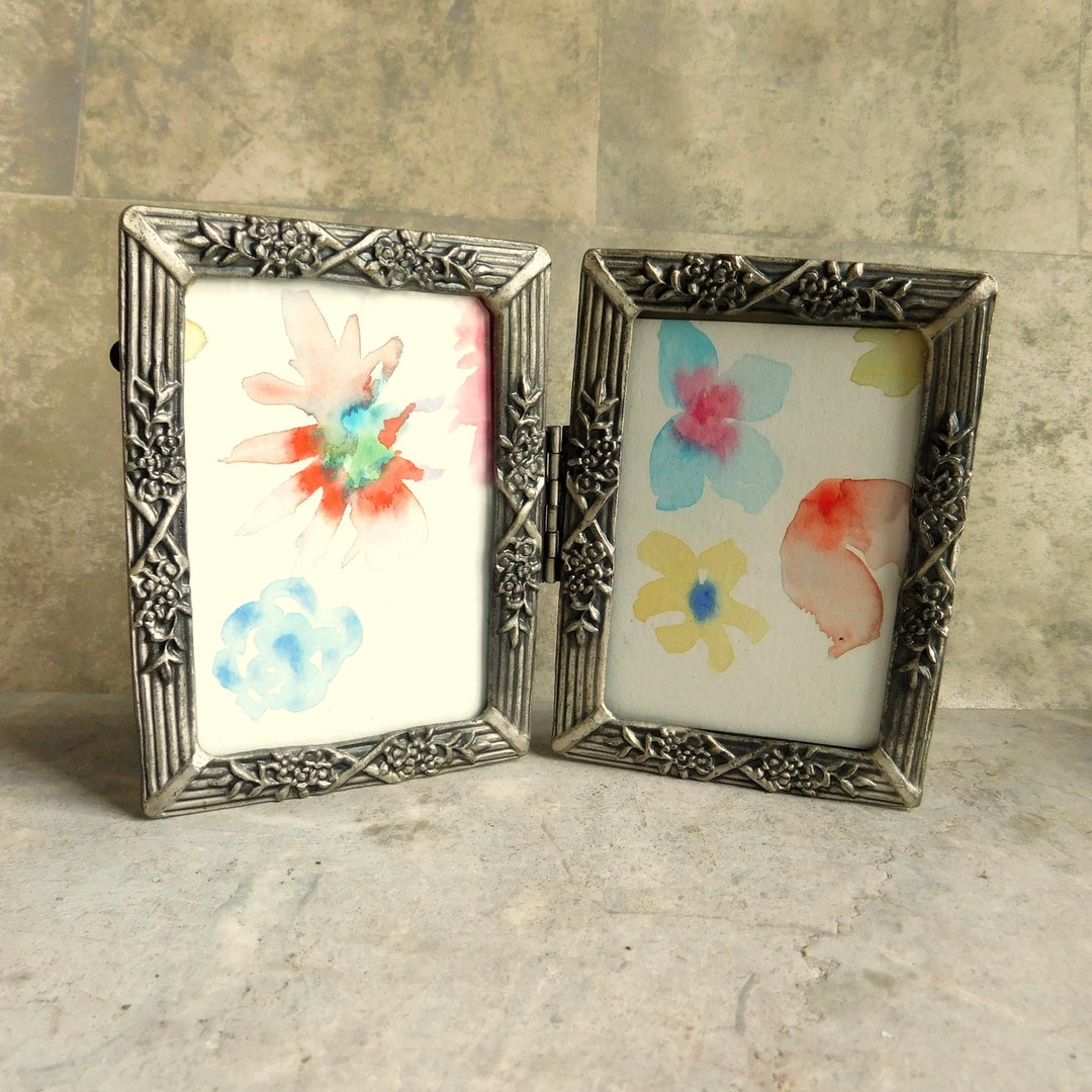 Vintage Double Pewter Picture Frame - Edwardian Style - Hinged - With ...