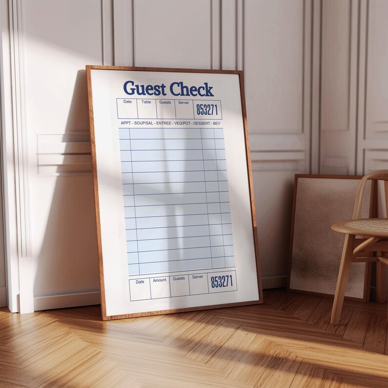 Blank Blue Guest Check Print, Customize Guest Check Poster, Preppy ...